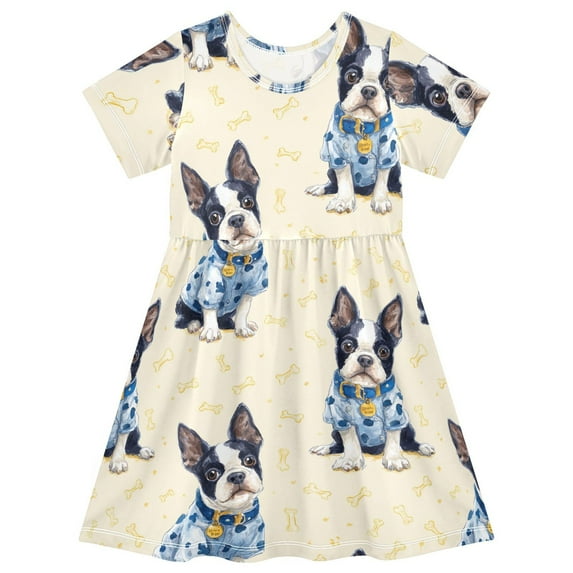 Dog with A Blue Collar Short Sleeve Dress A-Line Cute Midi Casual ...