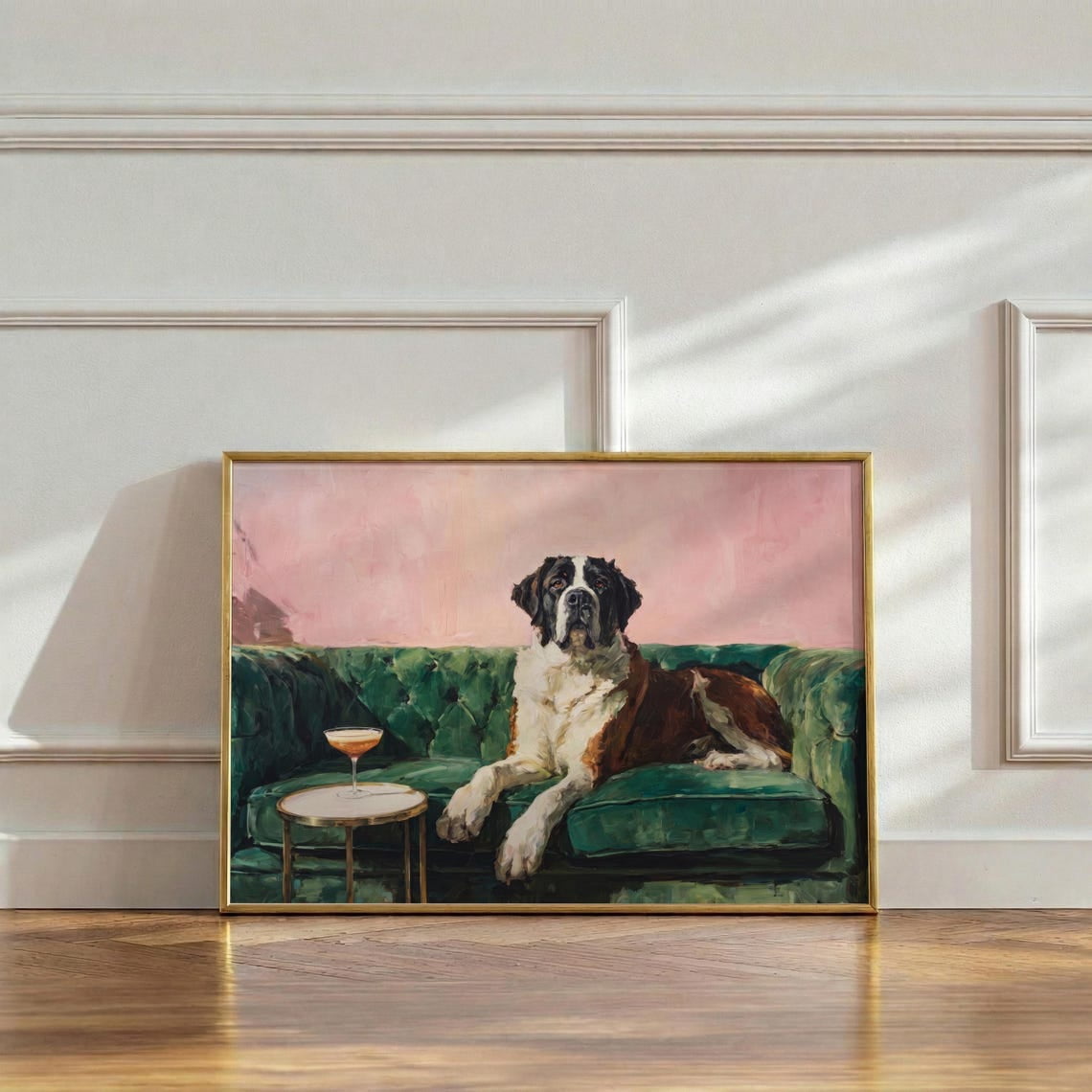 Dog with Espresso Martini Saint Bernard on Green Velvet Couch Pink ...