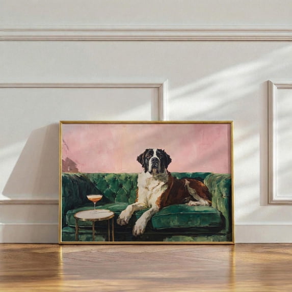 Dog with Espresso Martini Saint Bernard on Green Velvet Couch Pink ...