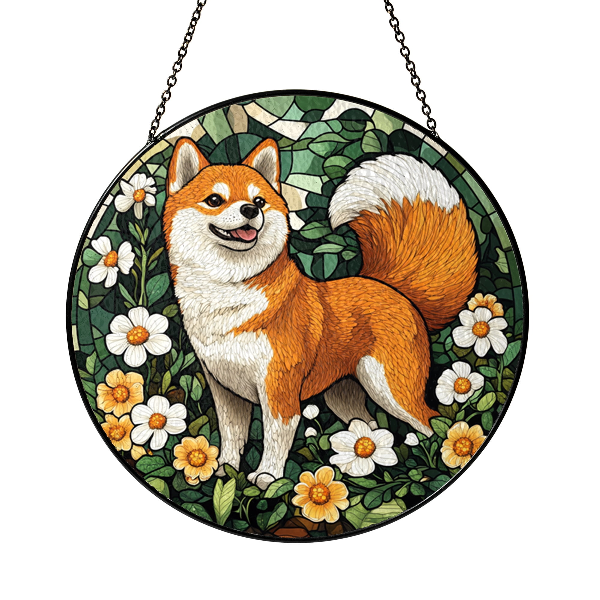 Dog with Floral Design Stained Glass Style Suncatcher, Decorative ...