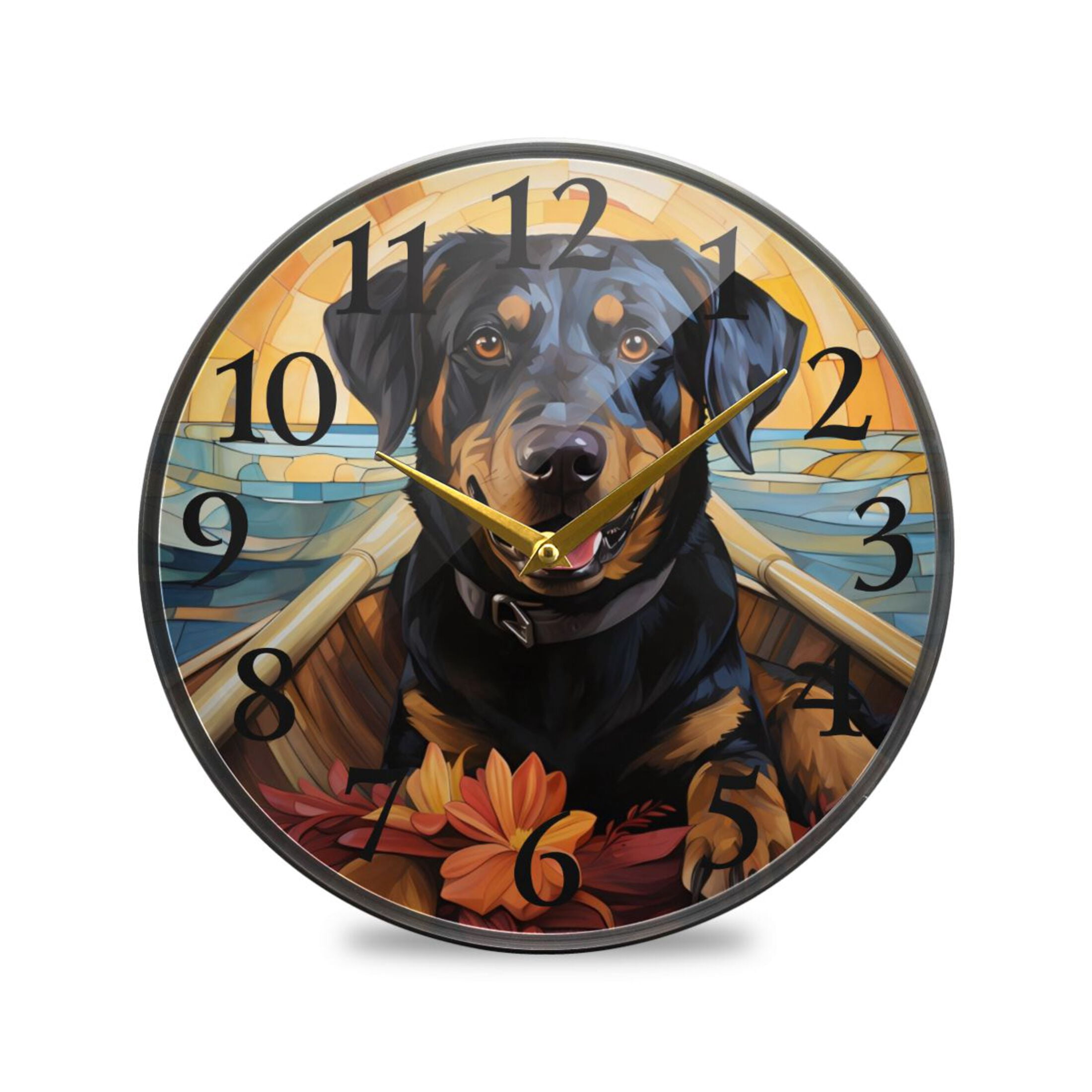 Dog with Flowers Wall Clocks Battery Operated 11.9 Inch Round Clock ...
