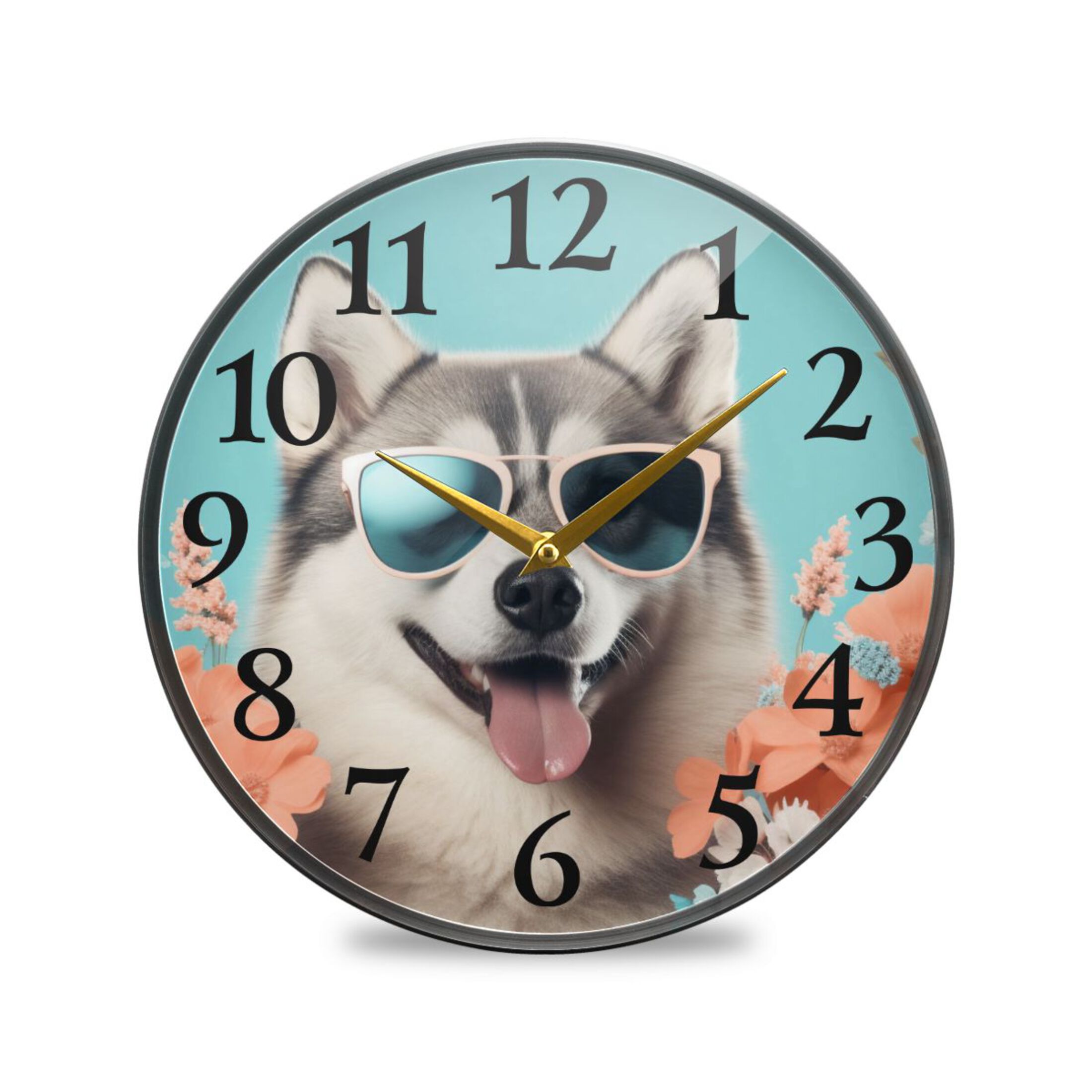 Dog with Glasses in Flowers Wall Clocks Battery Operated 9.5 Inch Round Clock Acrylic Silent Non ...