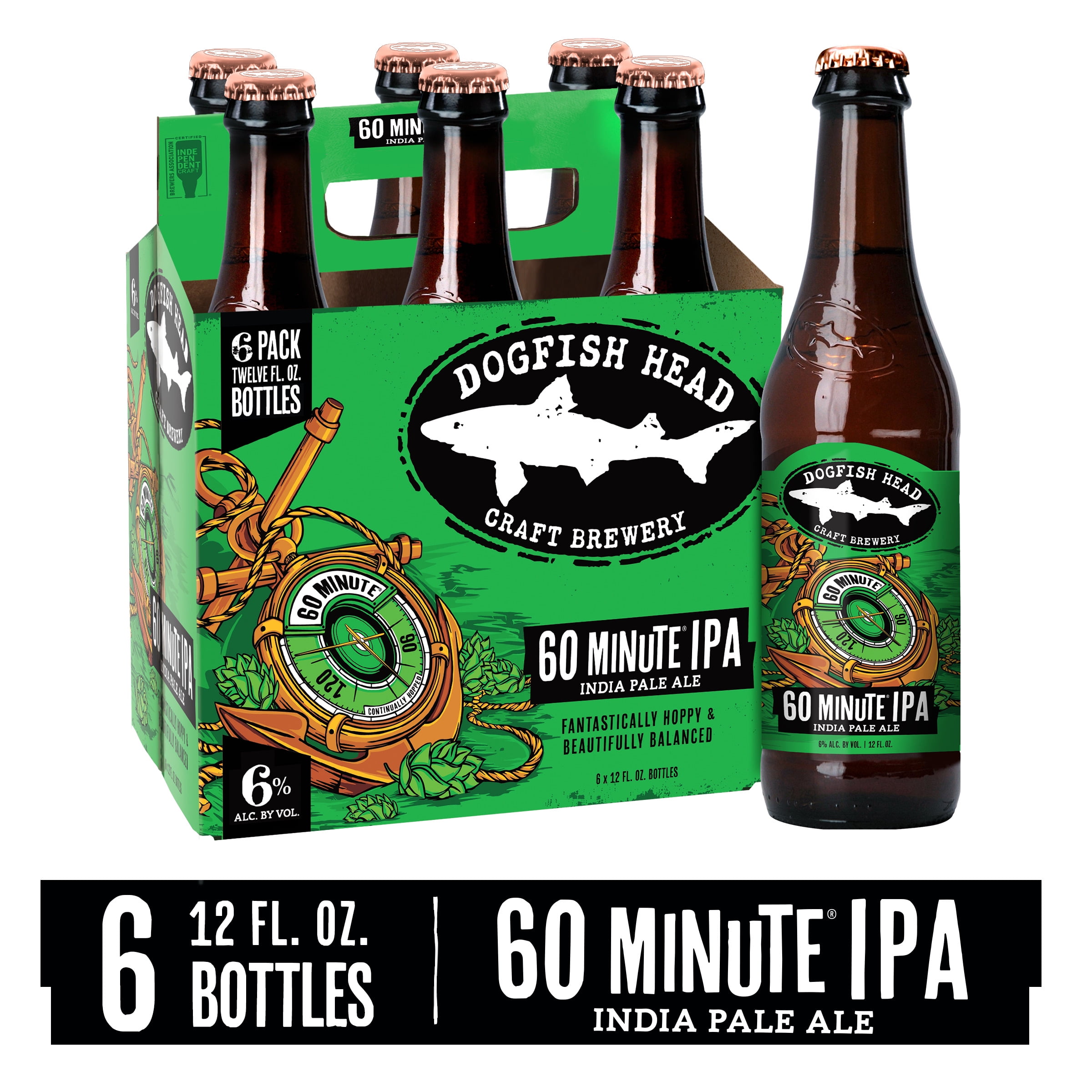 Dogfish Head 60 Minute IPA Craft Beer, 6 pack, 12 fl oz Glass Bottles ...