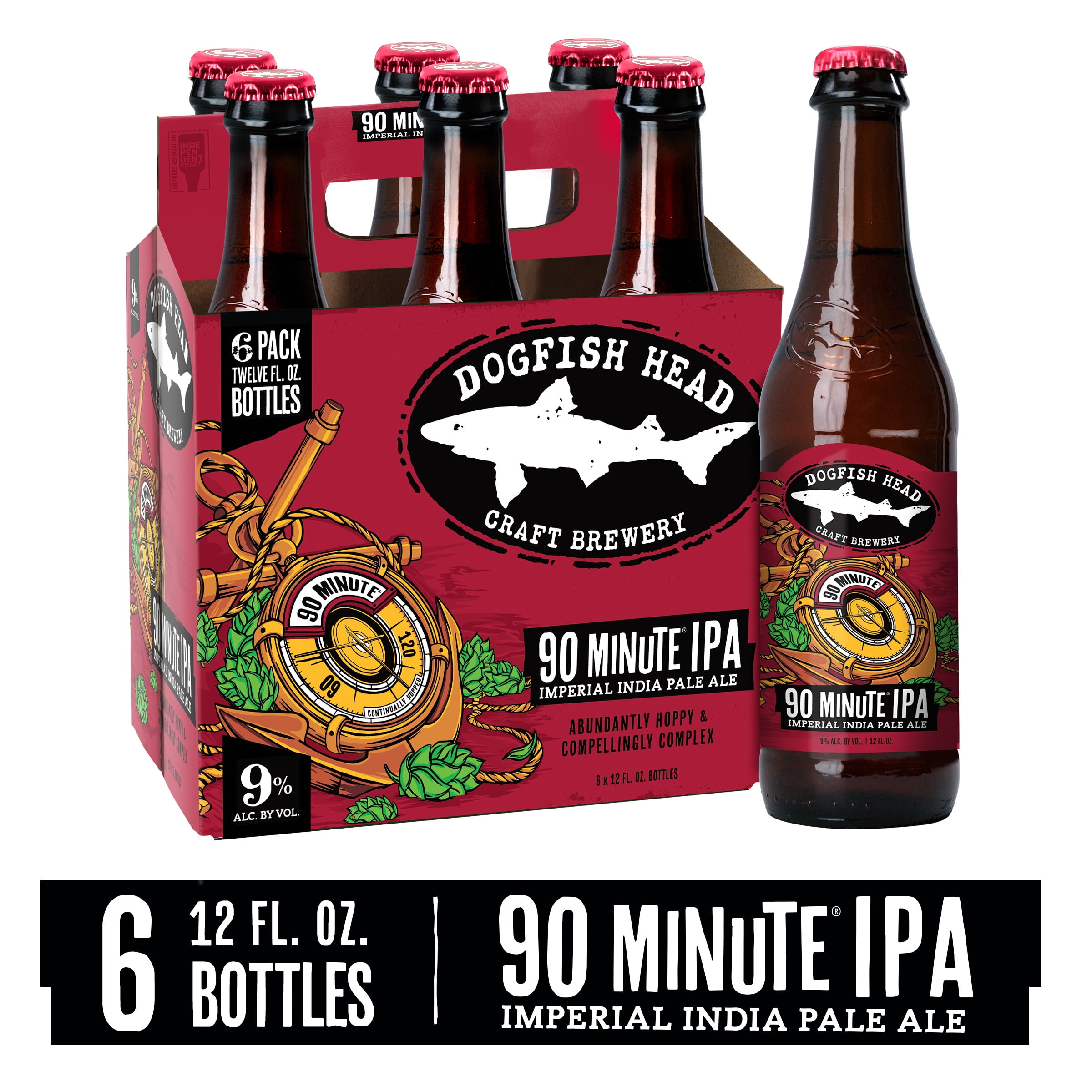 Dogfish Head 90 Minute Imperial IPA Craft Beer, 6 Pack, 12 fl oz Glass ...