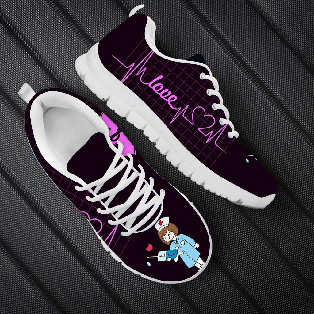 Doginthehole Kawaii Nurse Doctor Print Flat Shoes for Women Purple ECG ...