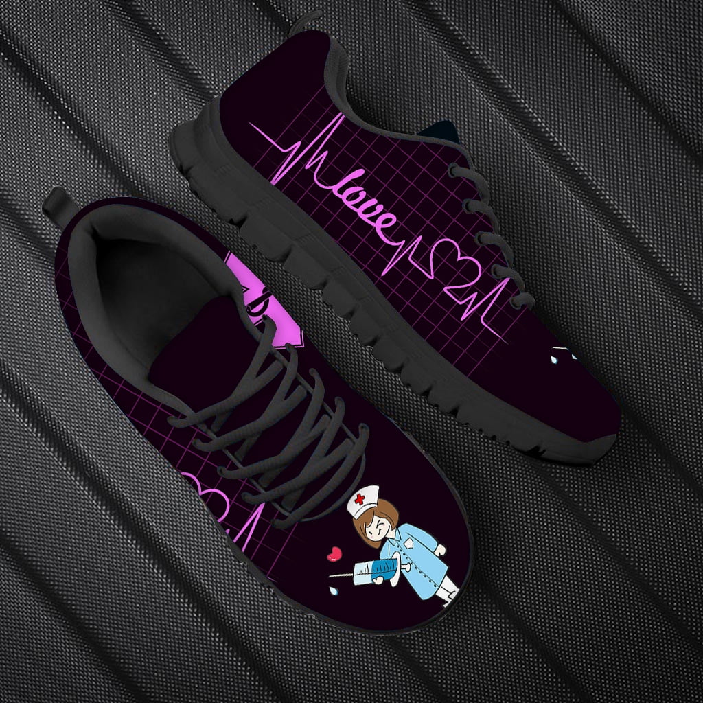 Doginthehole Kawaii Nurse Doctor Print Flat Shoes for Women Purple ECG ...