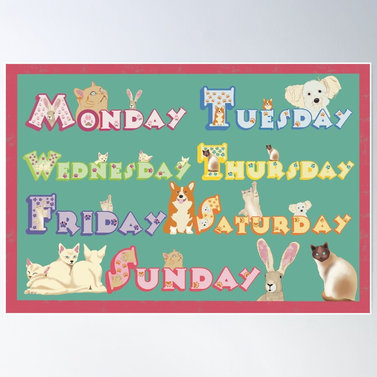 Dogs And Cats Days Of The Week Names Poster Wall Art, Modern Wall Decor ...