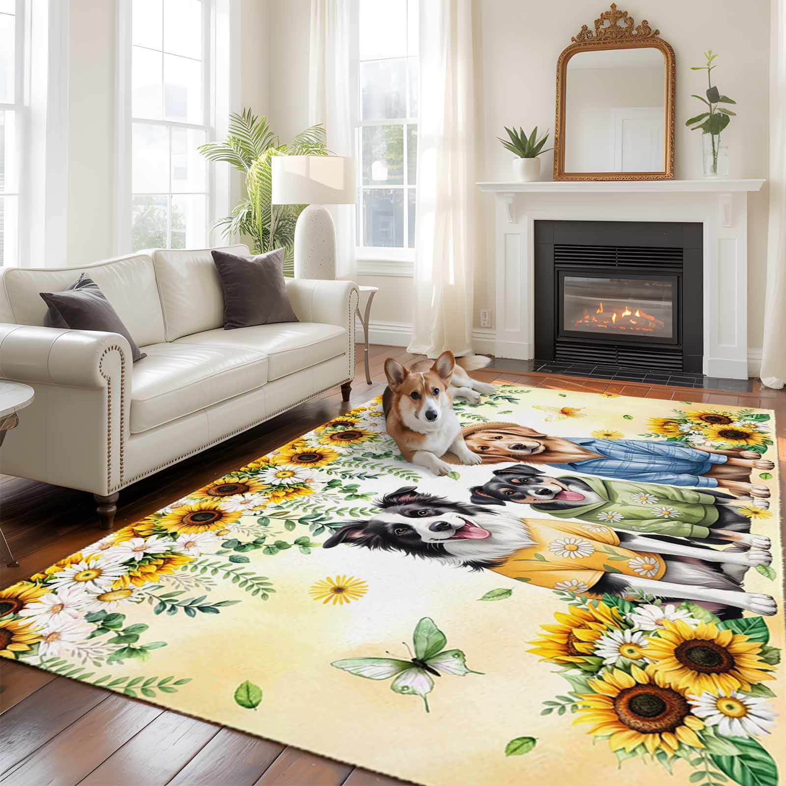 Dogs Area Rugs 5x7 ft Watercolor Spring White Yellow Daisy Sunfower ...