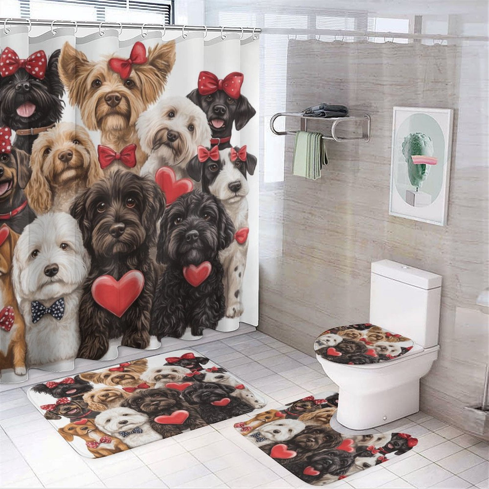 Dogs with Bows Shower Curtain 4 Piece Set with Non-Slip Rugs Toilet Lid ...
