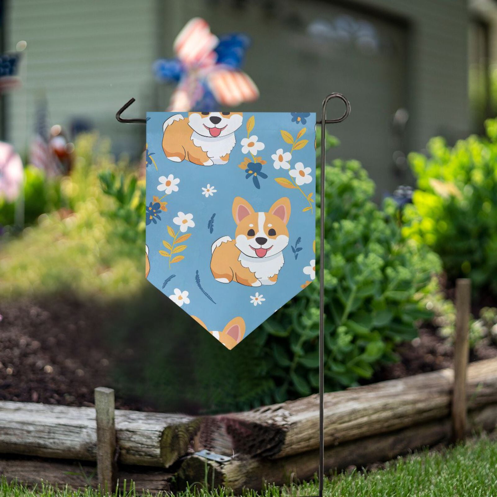 Dogs Cartoon Leaves in Blue Garden Flag 18" x 12.5" Double Sided Yard ...