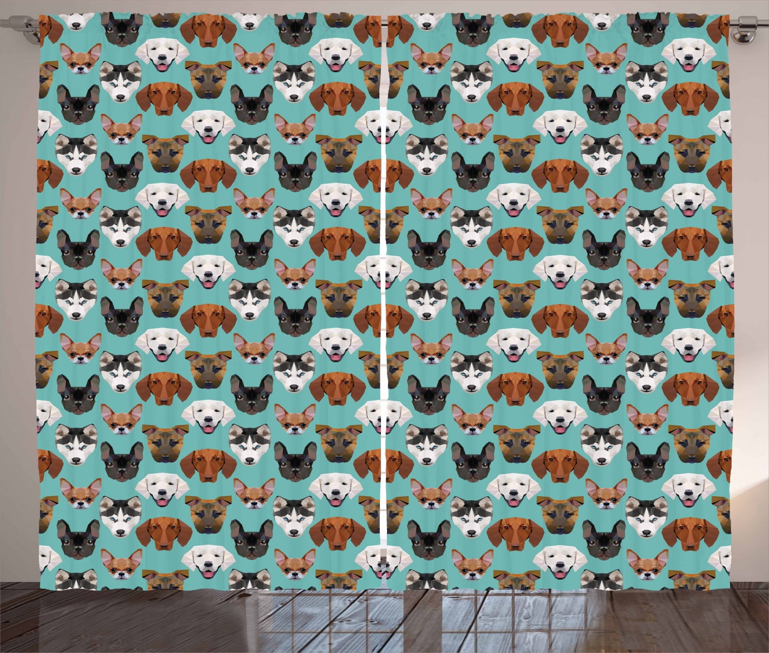 Dogs Curtains 2 Panels Set, Polygonal Art Style Different Breed of ...
