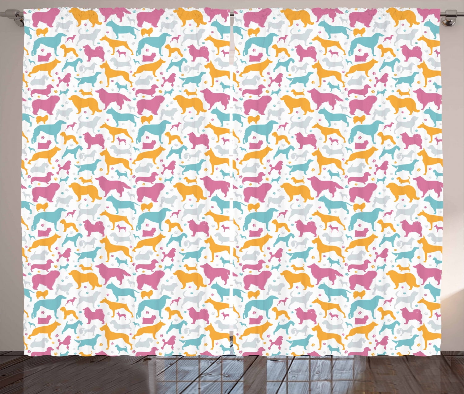Ambesonne Dogs Curtains 2 Panel Set, Silhouettes of Various Breeds, 108 ...