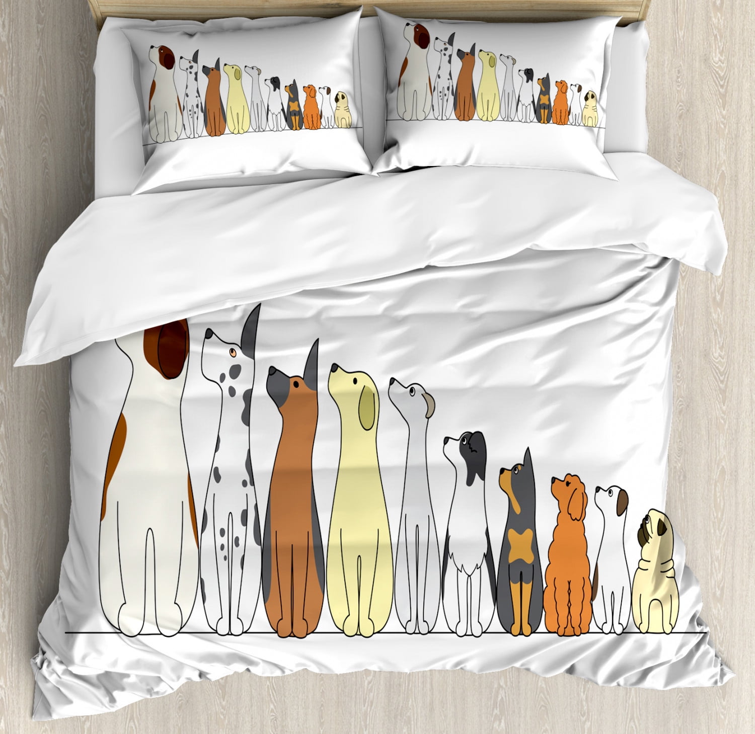 Dogs Duvet Cover Set Queen Size, Dogs in a Row Looking Away Cute Humor ...