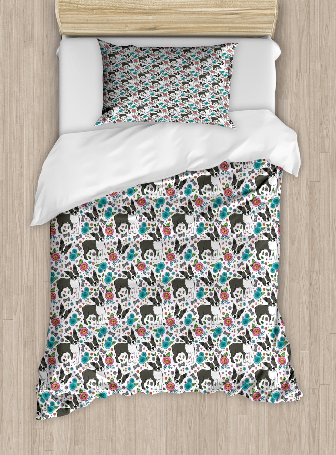 Dogs Duvet Cover Set Twin Size, Boston Terriers and Colorful Flowers ...