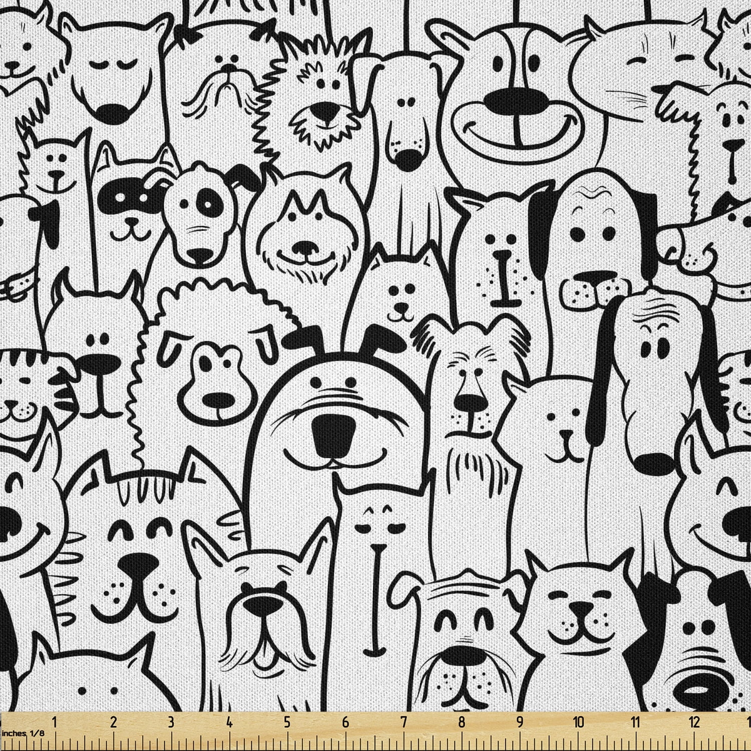 Dogs Fabric by The Yard, Monochrome Doodle Art Composition with ...