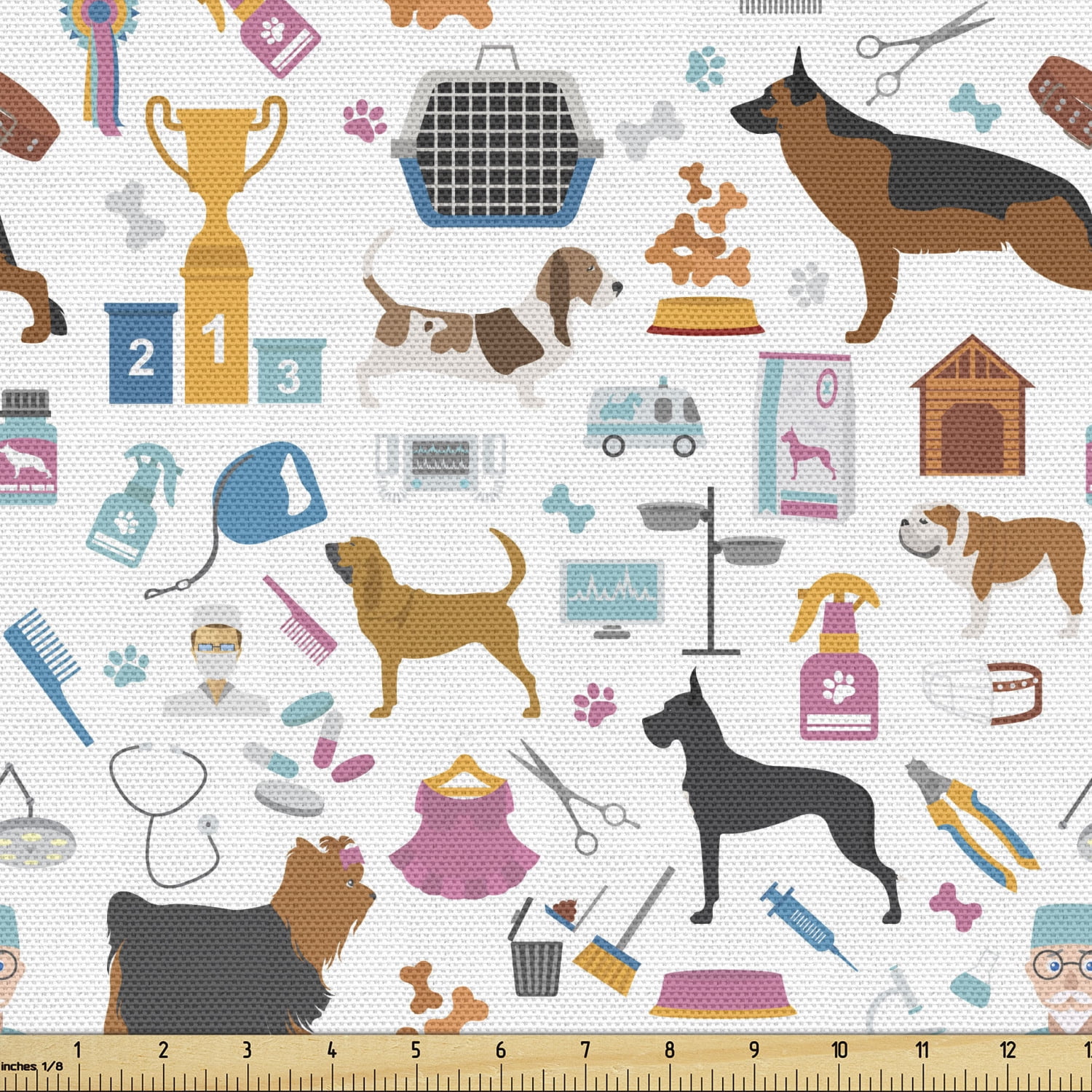 Ambesonne Dogs Fabric by the Yard Upholstery, Veterinary Themed Cartoon ...