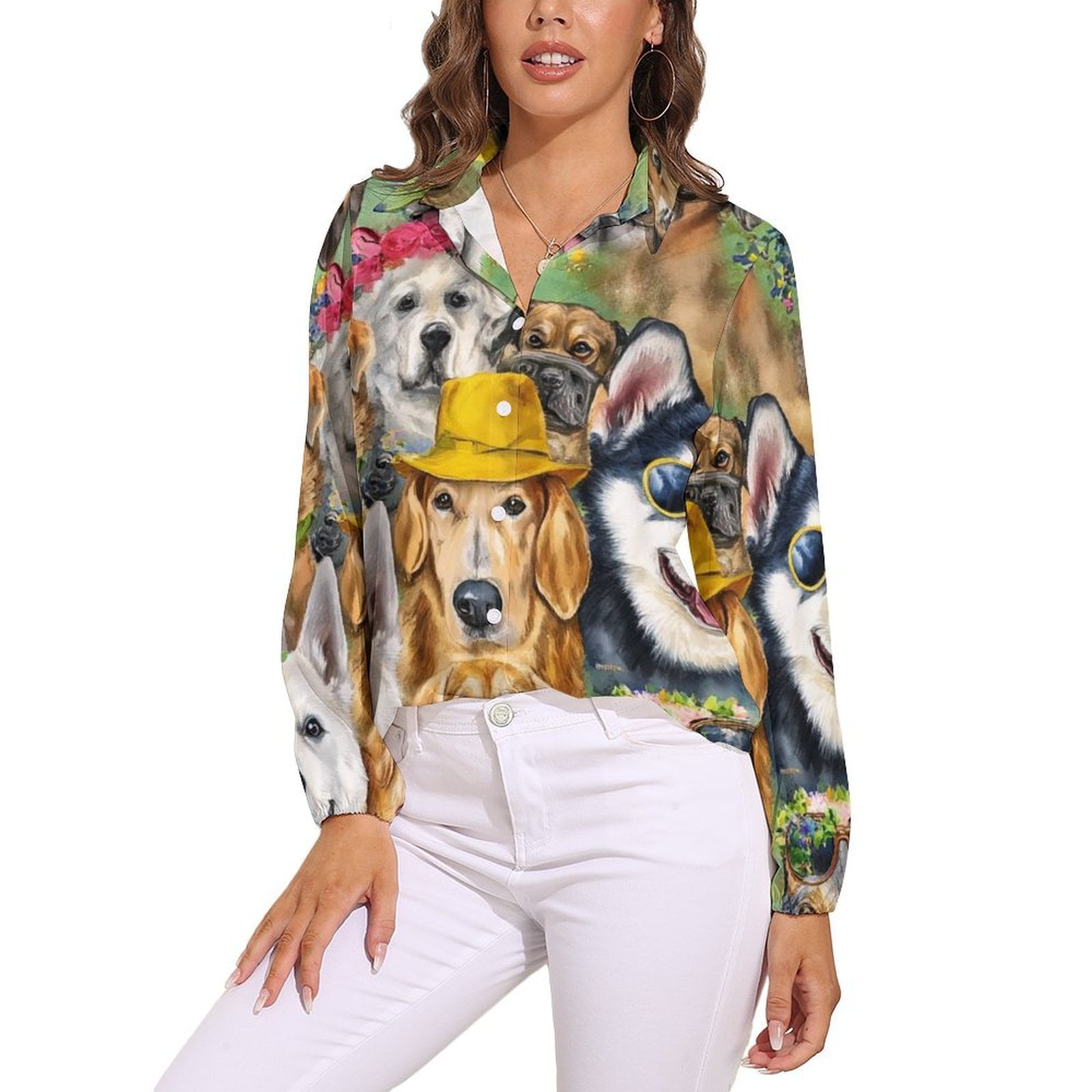 Dogs Floral Pattern-1 Vntage Casual Long Sleeve Shirt Blouse Woman ...