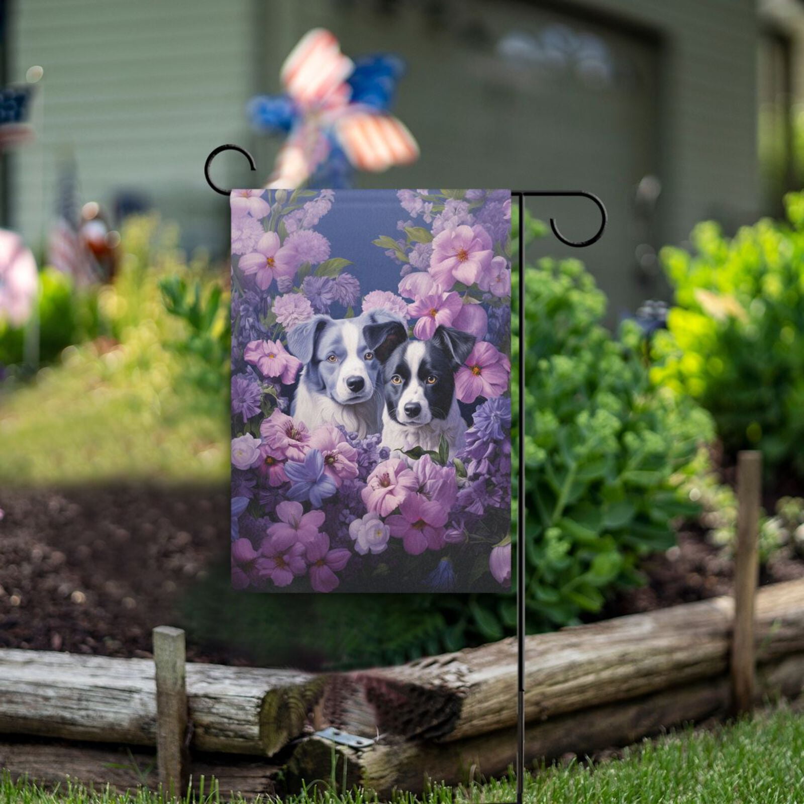 Dogs Flowers Floral Purple Garden Flag Double Sided Outdoor Banners for ...