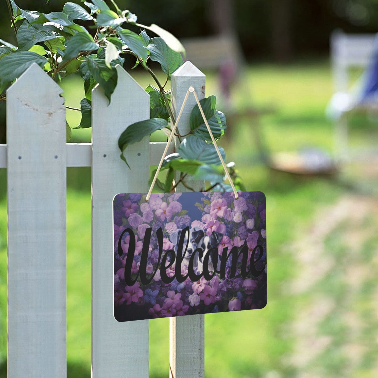 Dogs Flowers Floral Purple Welcome Sign for Front Door Porch Wreath ...