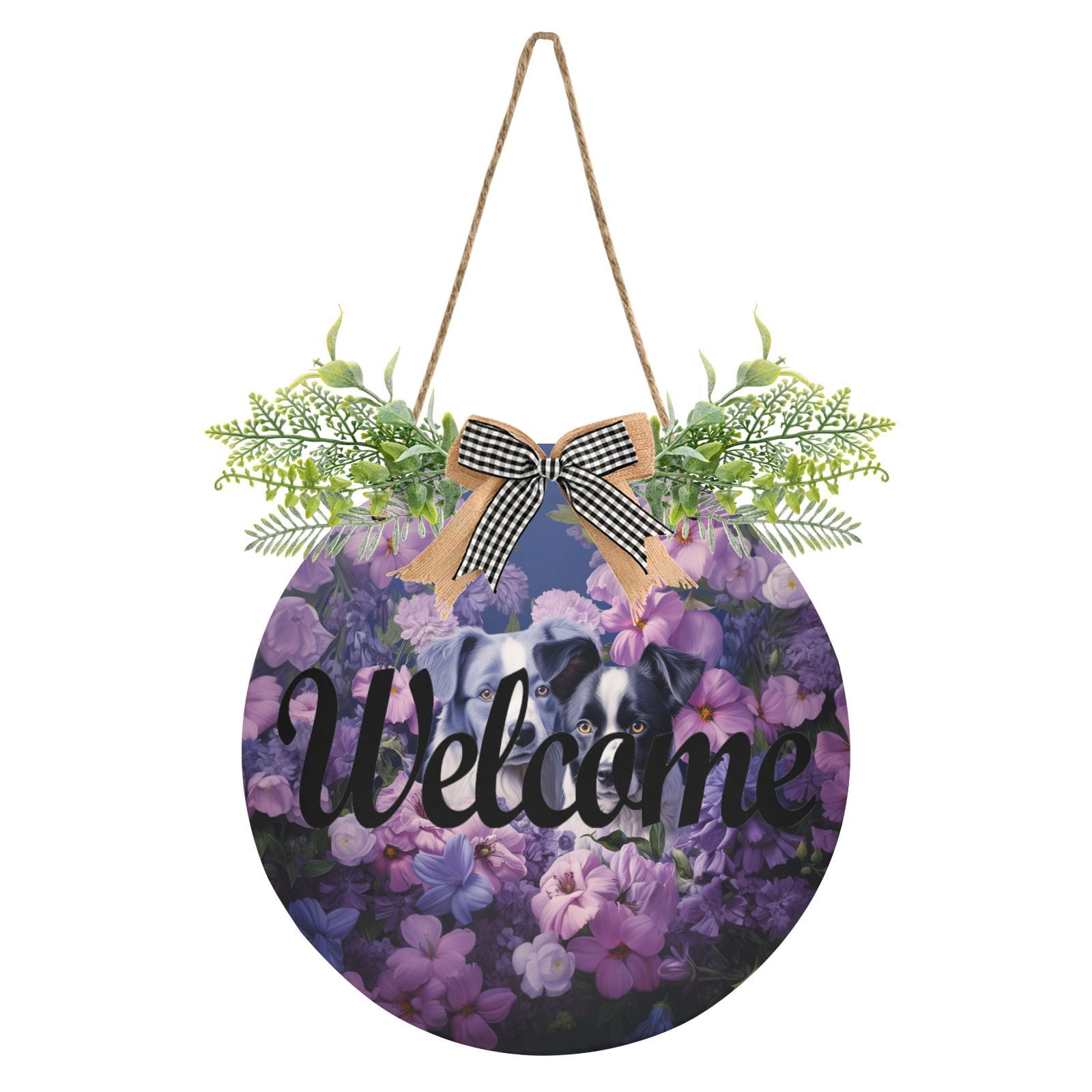 Dogs Flowers Floral Purple Welcome Sign for Front Door Wreath Door Sign ...