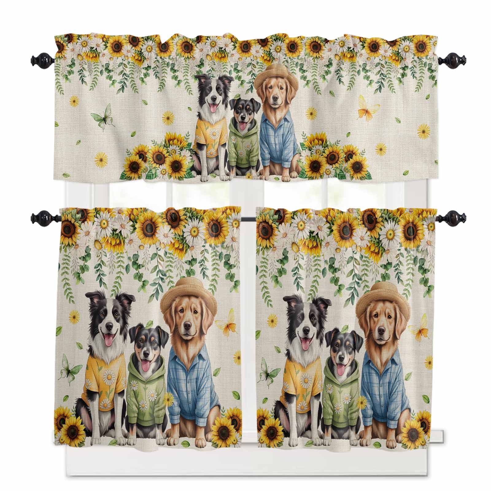 Dogs Kitchen Curtains Valances and Tiers Set of 3 Watercolor Spring ...