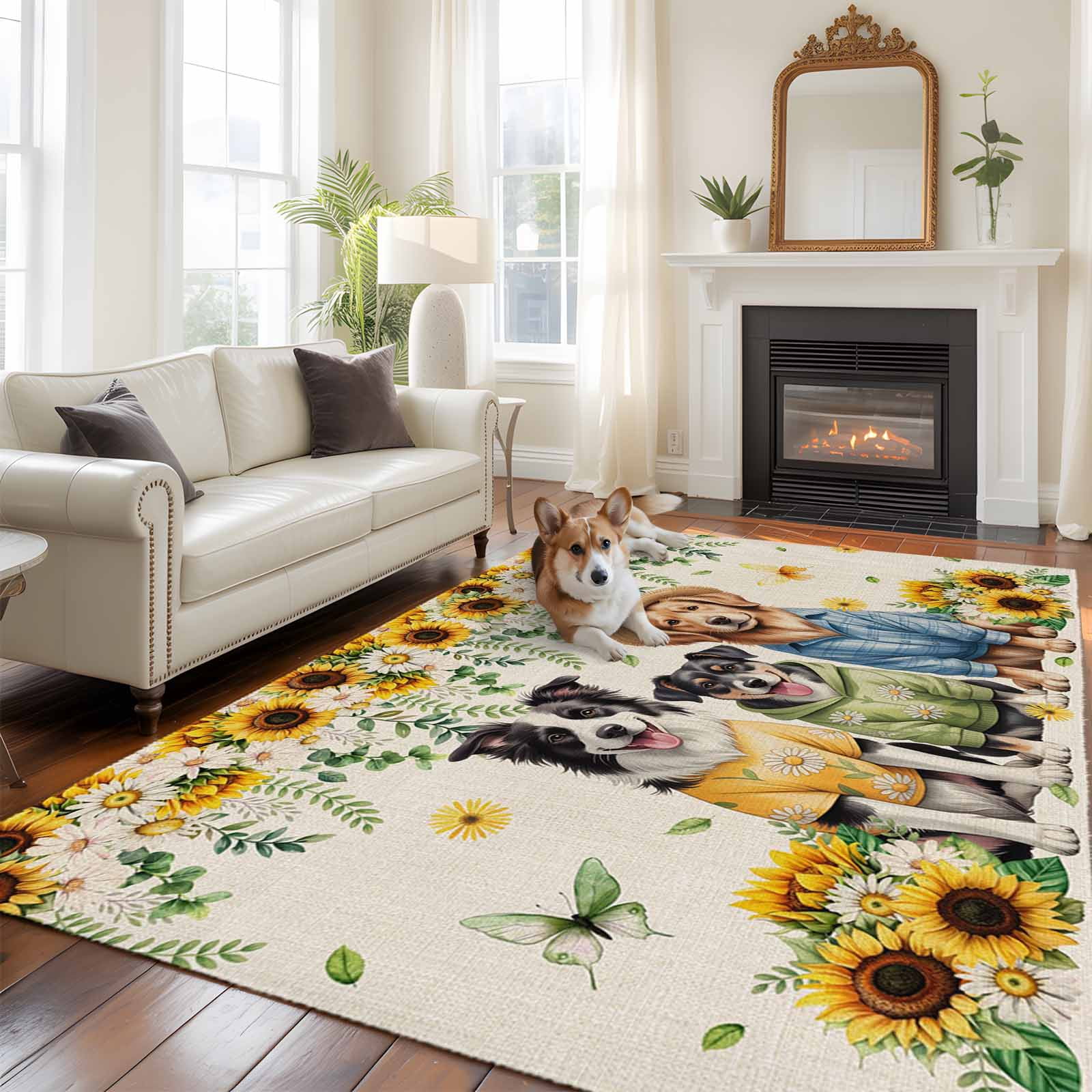 Dogs Large Area Rugs 5x8 ft Watercolor Spring White Yellow Daisy ...
