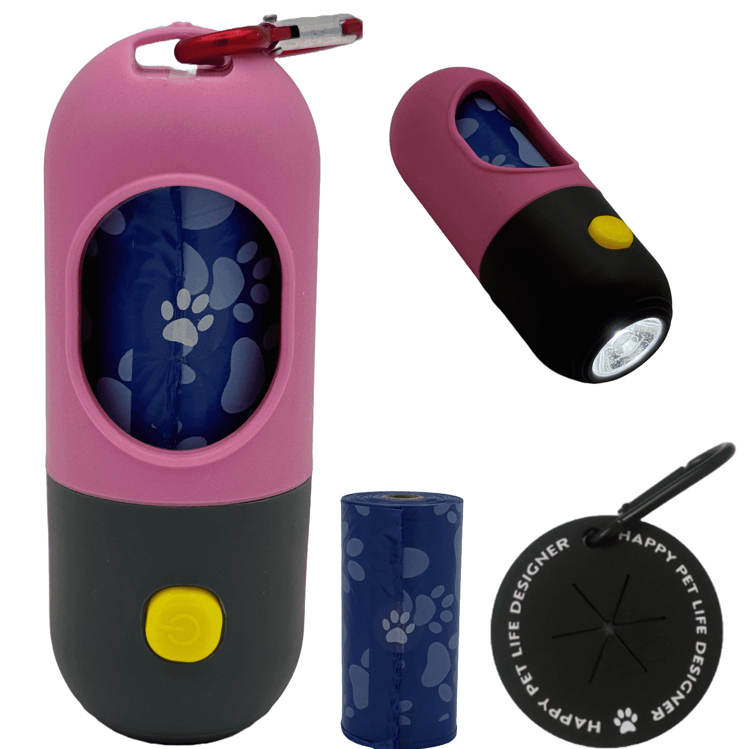 Dogs N Paws Dog Poop Bag Holder with Flashlight, 1- 18Bags/Roll- Pink ...