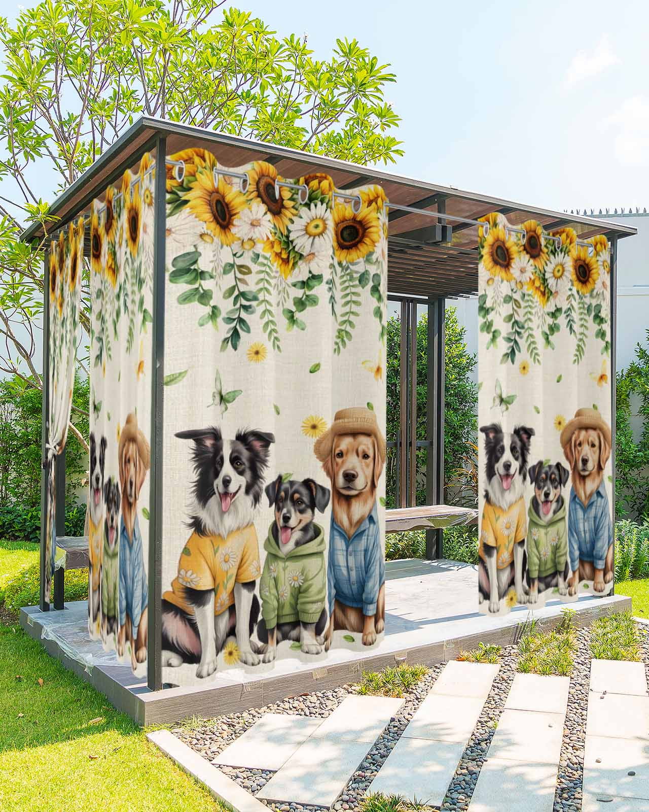 Dogs Outdoor Curtains for Patio, Watercolor Spring White Yellow Daisy ...
