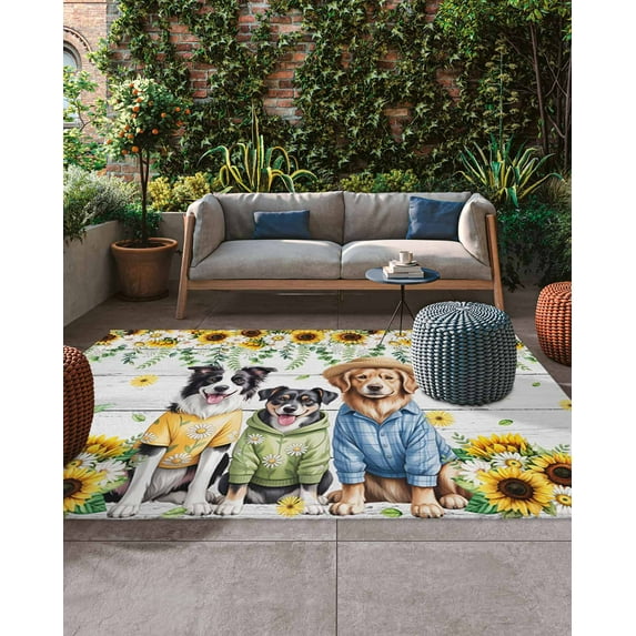 Dogs Outdoor Rug, Watercolor Spring White Yellow Daisy Sunfower Floral ...
