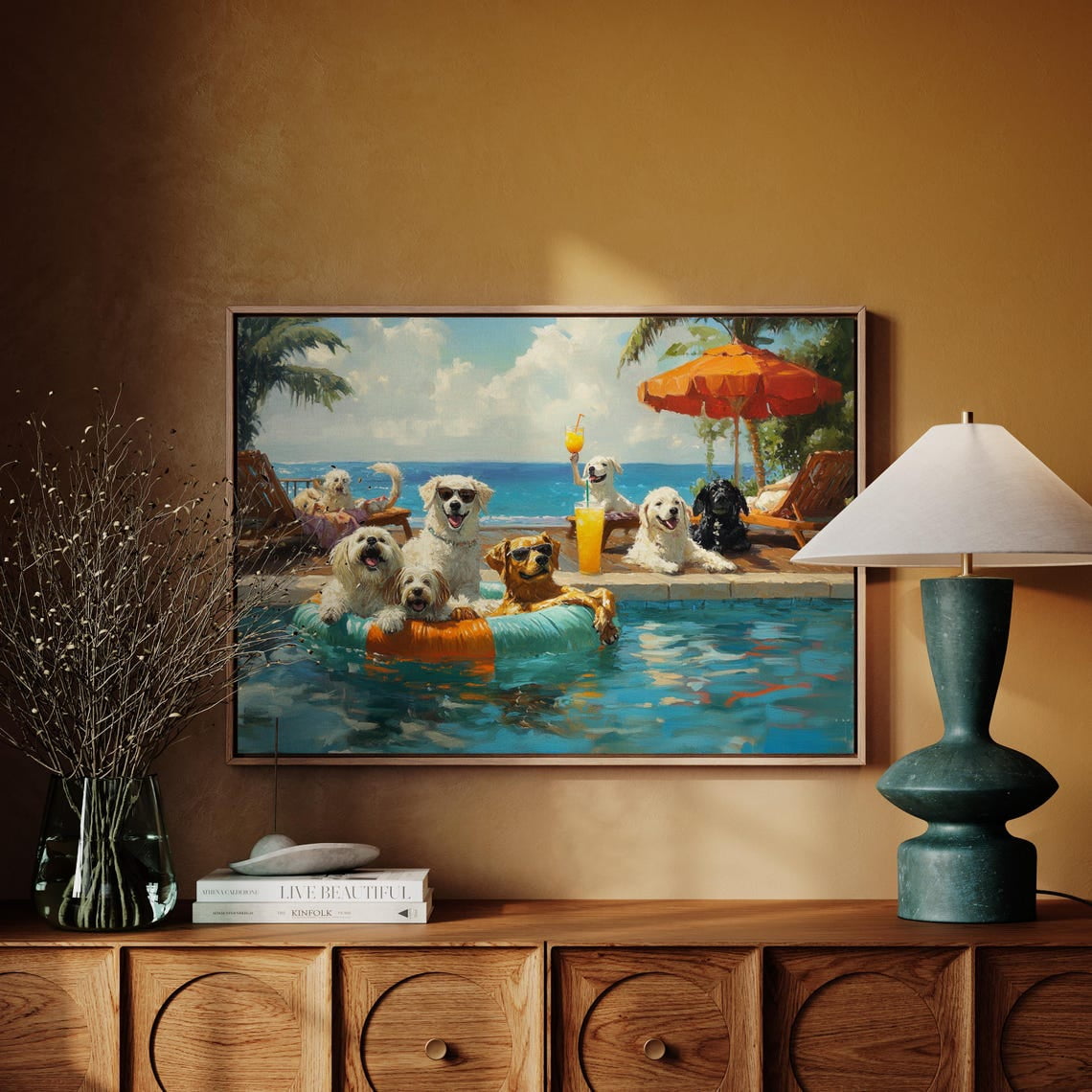 Dogs Pool Party, Funny Summer Beach Art, Playful Dog Wall Decor ...