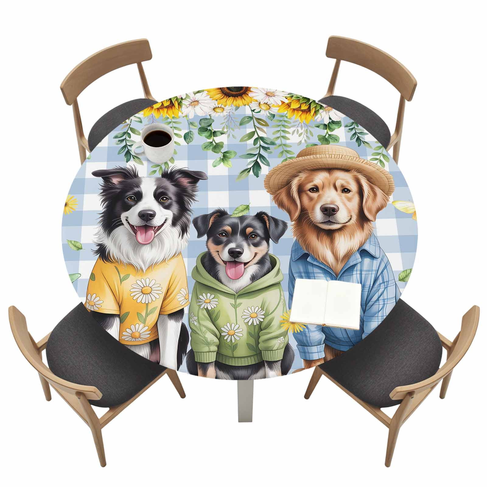 Dogs Round Fitted Tablecloth with Elastic Edge Watercolor Spring White ...