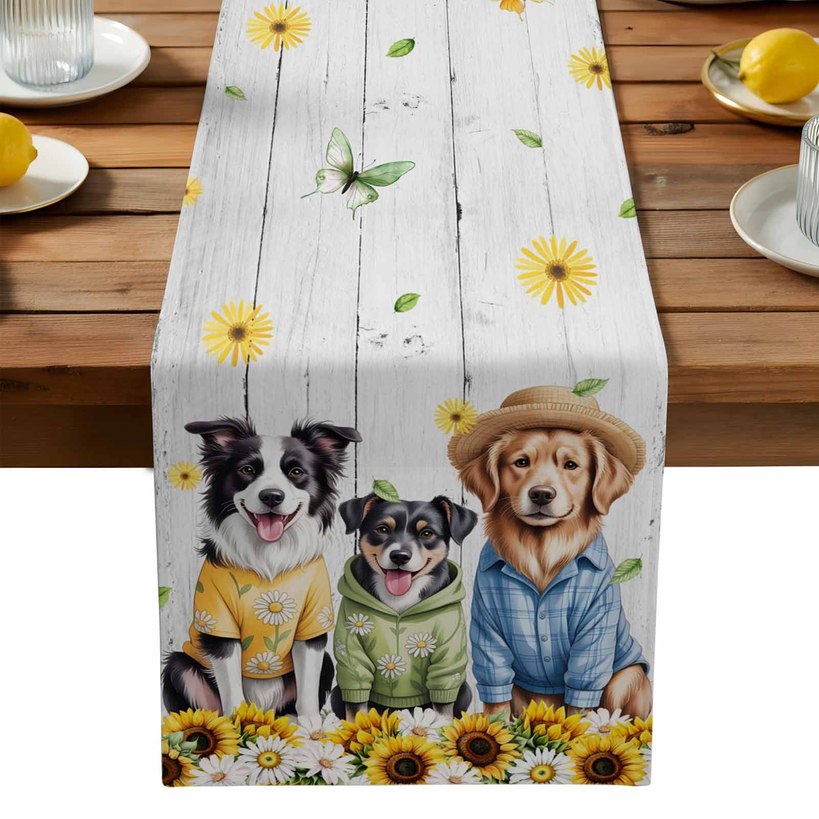 Dogs Table Runner, Watercolor Spring White Yellow Daisy Sunfower Floral ...