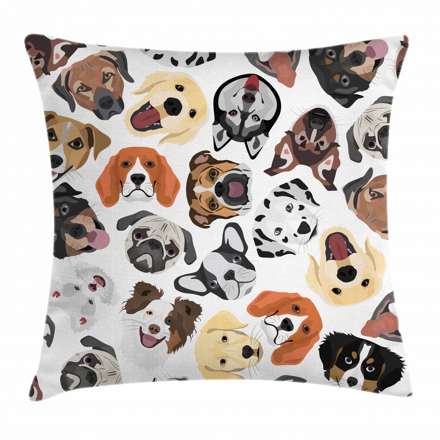 Dogs Throw Pillow Cushion Cover, Graphic Faces of Various Different Dog ...