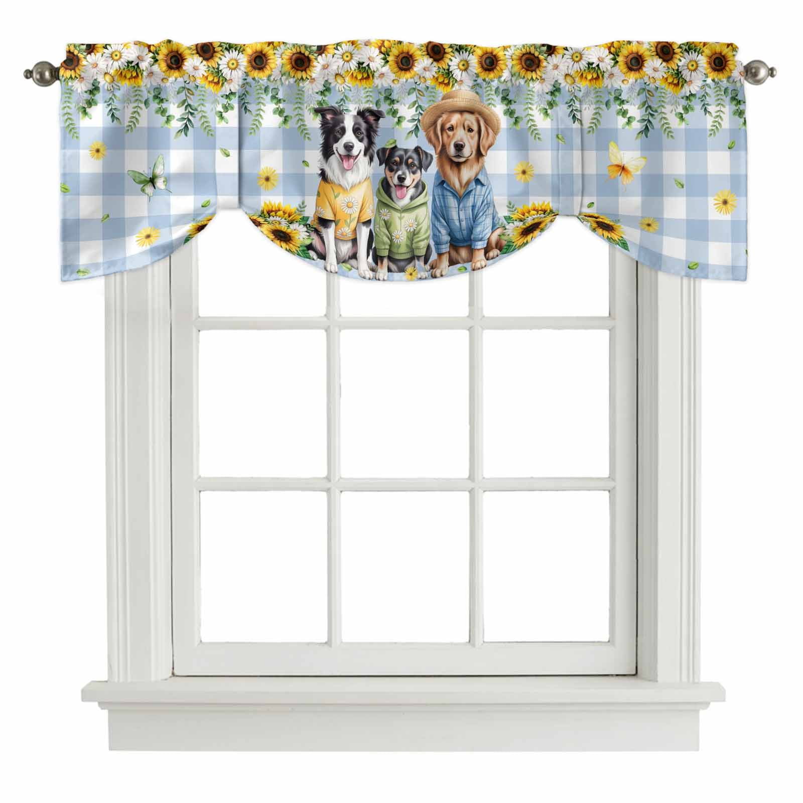 Dogs Tie Up Valance for Windows, Watercolor Spring White Yellow Daisy ...