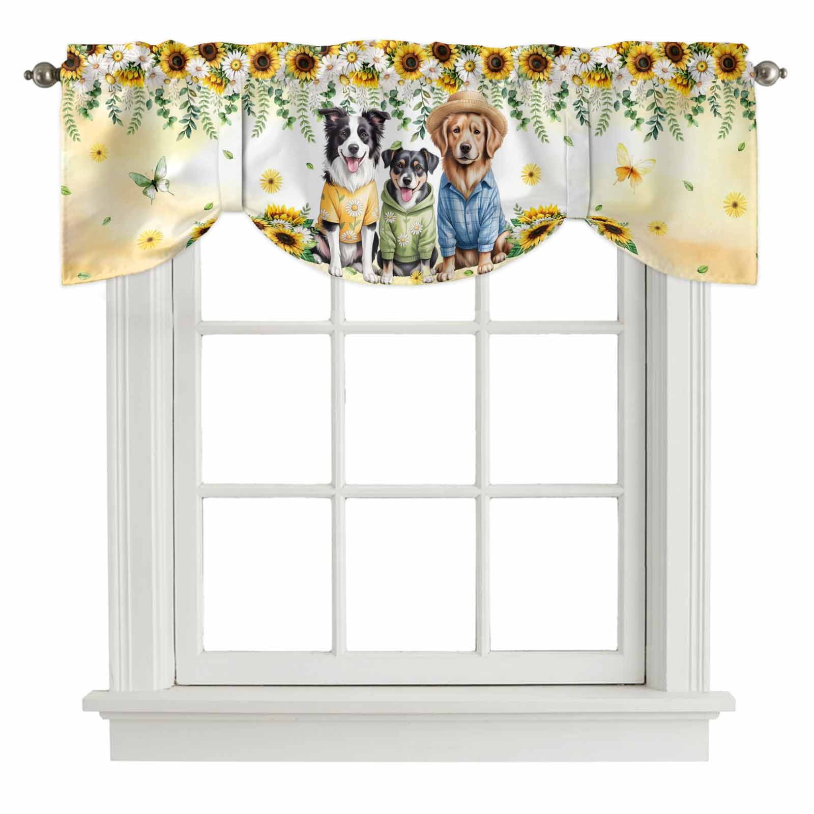 Dogs Tie Up Valance for Windows, Watercolor Spring White Yellow Daisy ...
