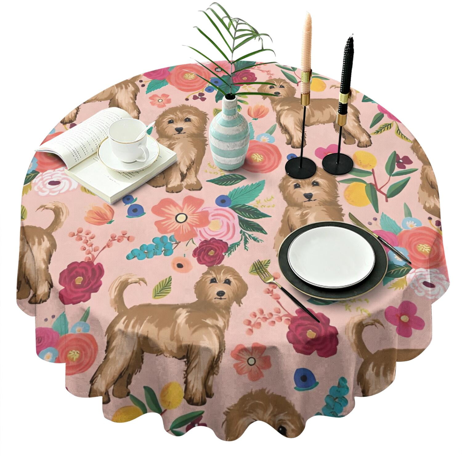 Dogs with Flowers Round Tablecloth 60"x60",Wrinkle Wipeable Table Cloth ...