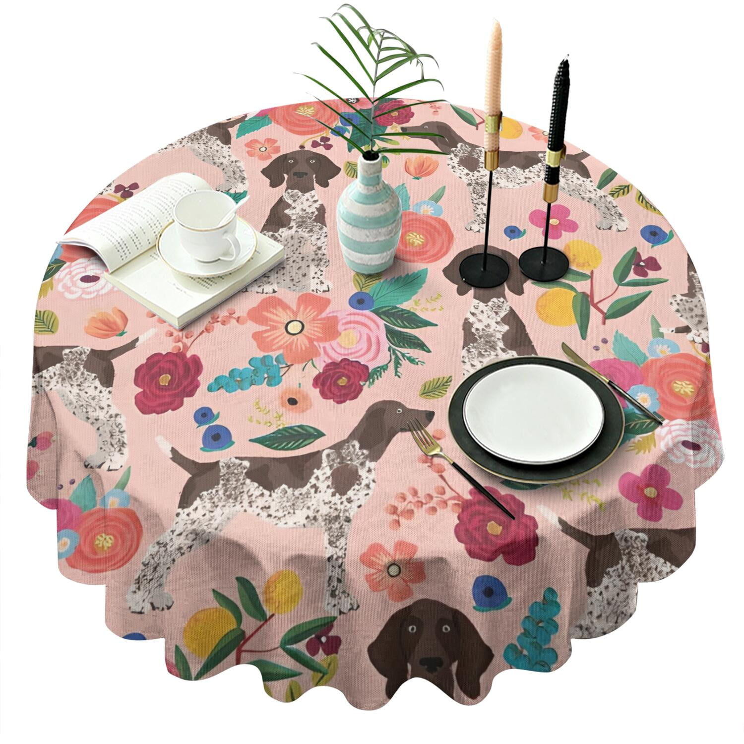 Dogs with Pioneer Flower Round Tablecloth 60"x60",Wrinkle Wipeable ...