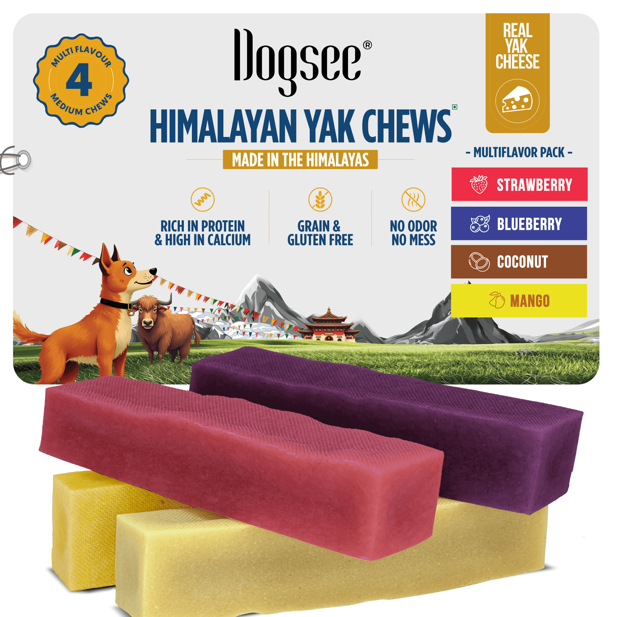 Dogsee Multiflavor Yak Chews (Strawberry, Blueberry, Coconut & Mango ...