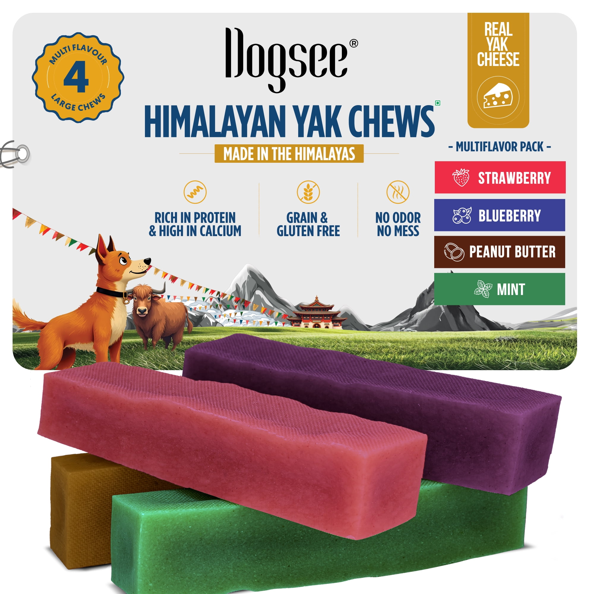 Dogsee Multiflavor Yak Chews (Strawberry, Blueberry, Peanut & Mint ...