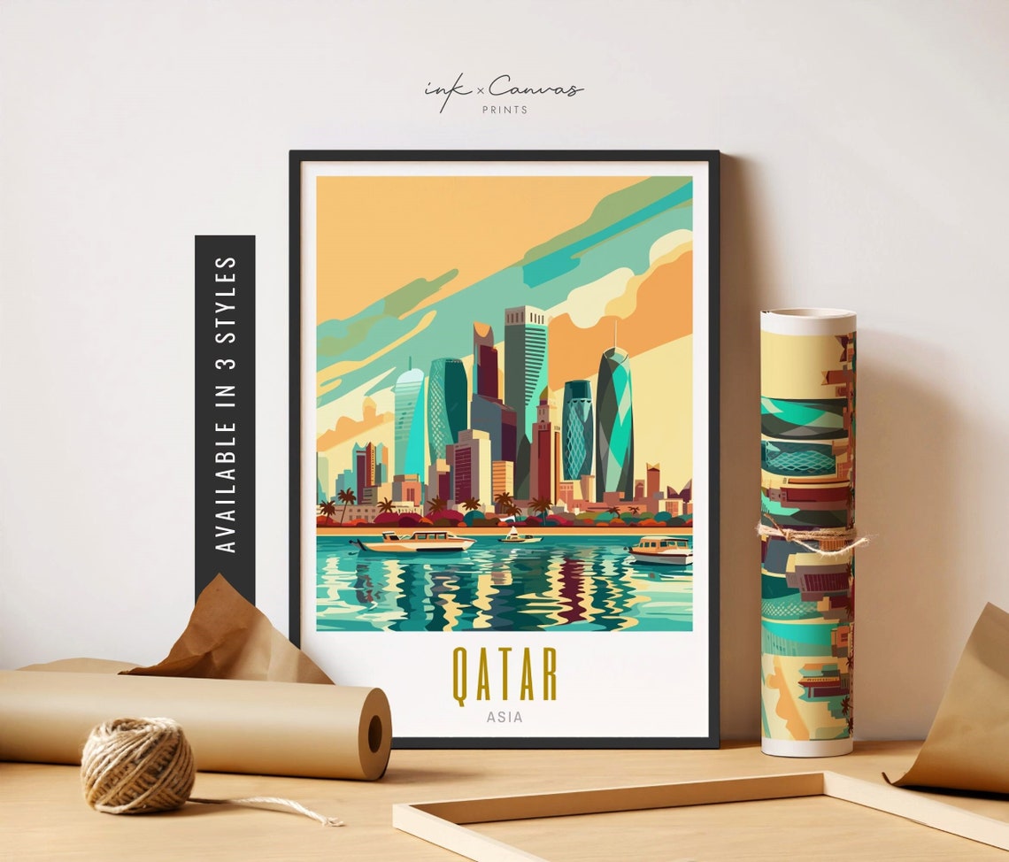 Doha Qatar Travel Poster Qatar Skyline Poster Qatar Poster Retro Travel ...