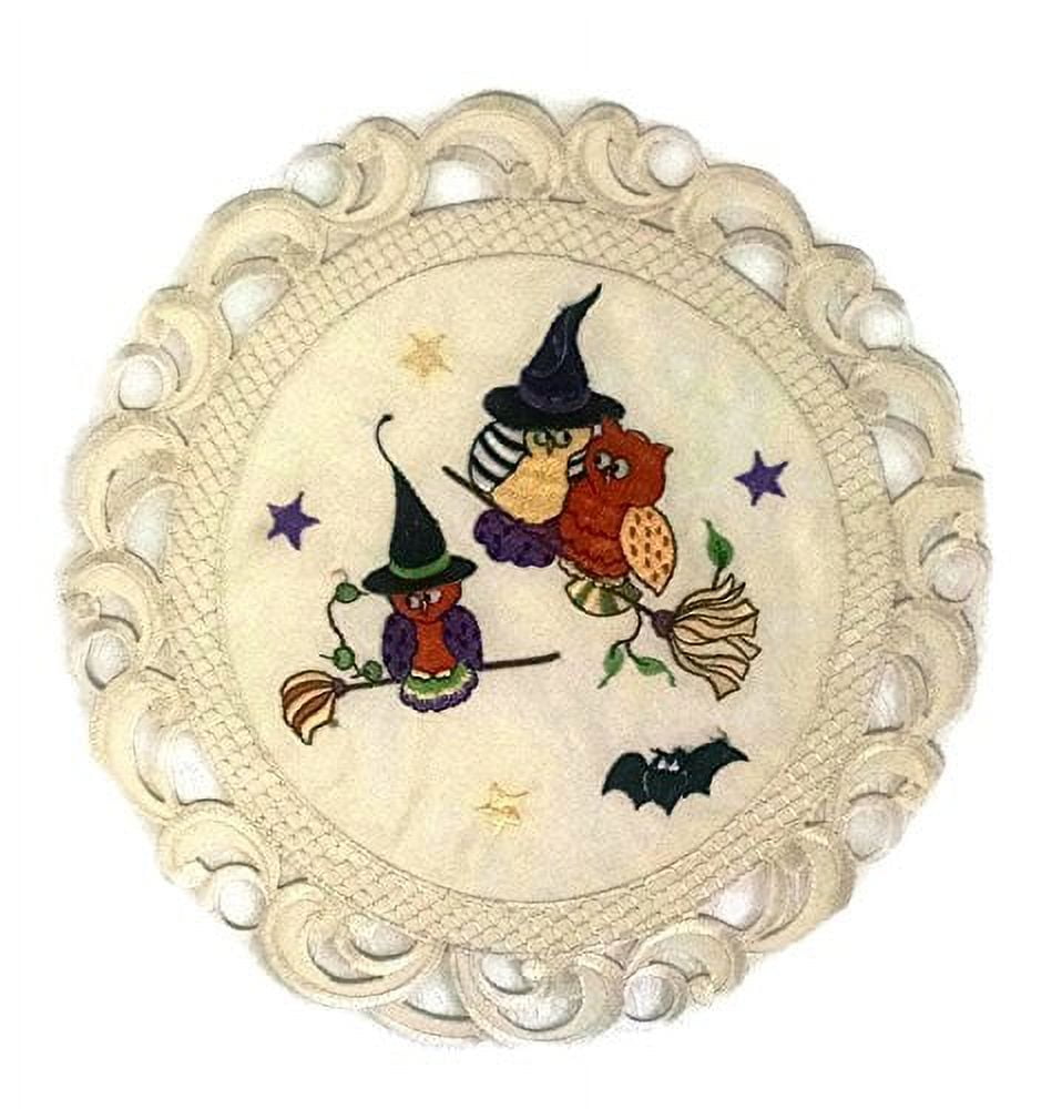 Doily Boutique Halloween Round Doily with Owls and Witch Hats on Ivory ...