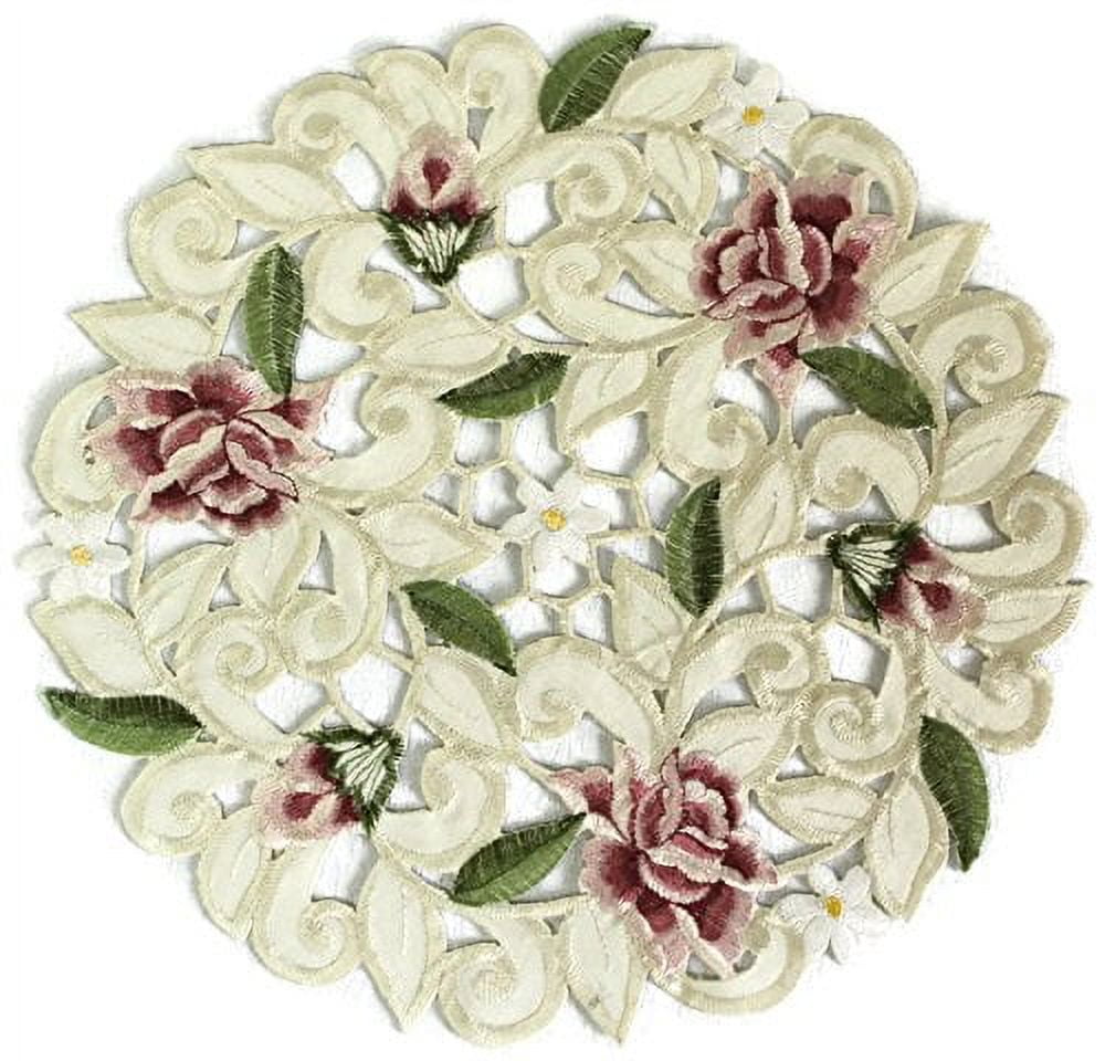Doily Boutique Round Doily Embroidered with Light Pink Cut Work Roses ...