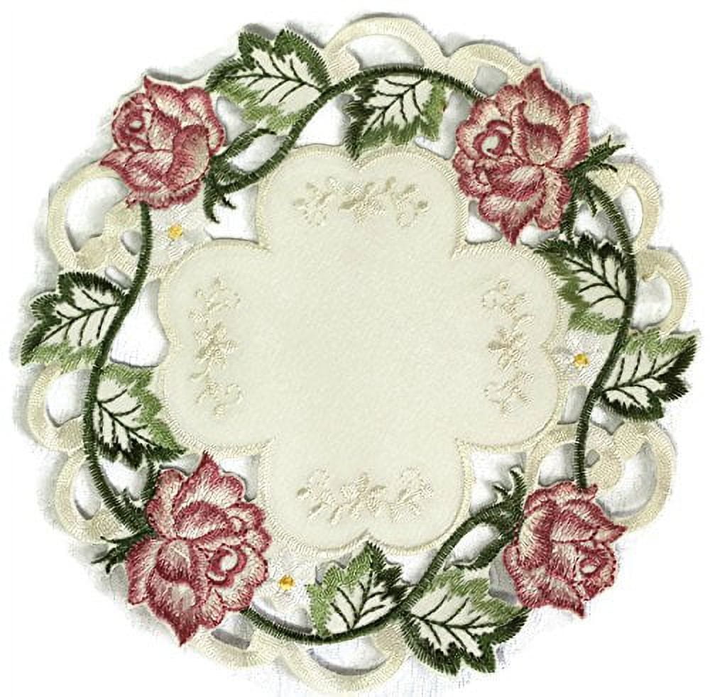 Doily Boutique Round Doily Embroidered with Victorian Pink Roses on ...