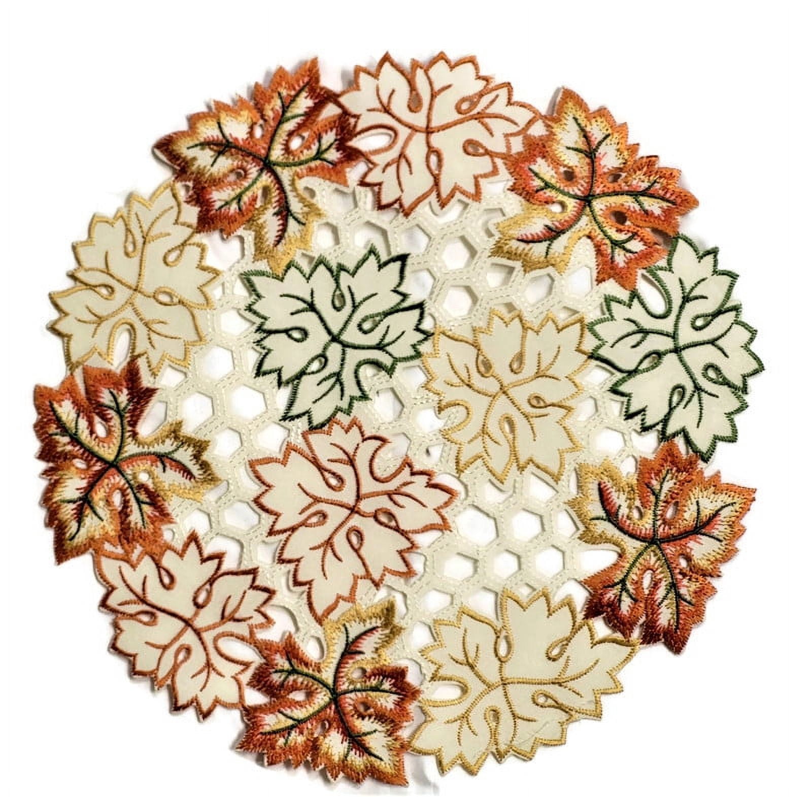 Doily Boutique Round Doily with Fall Maple Leaves on Ivory Fabric Size ...