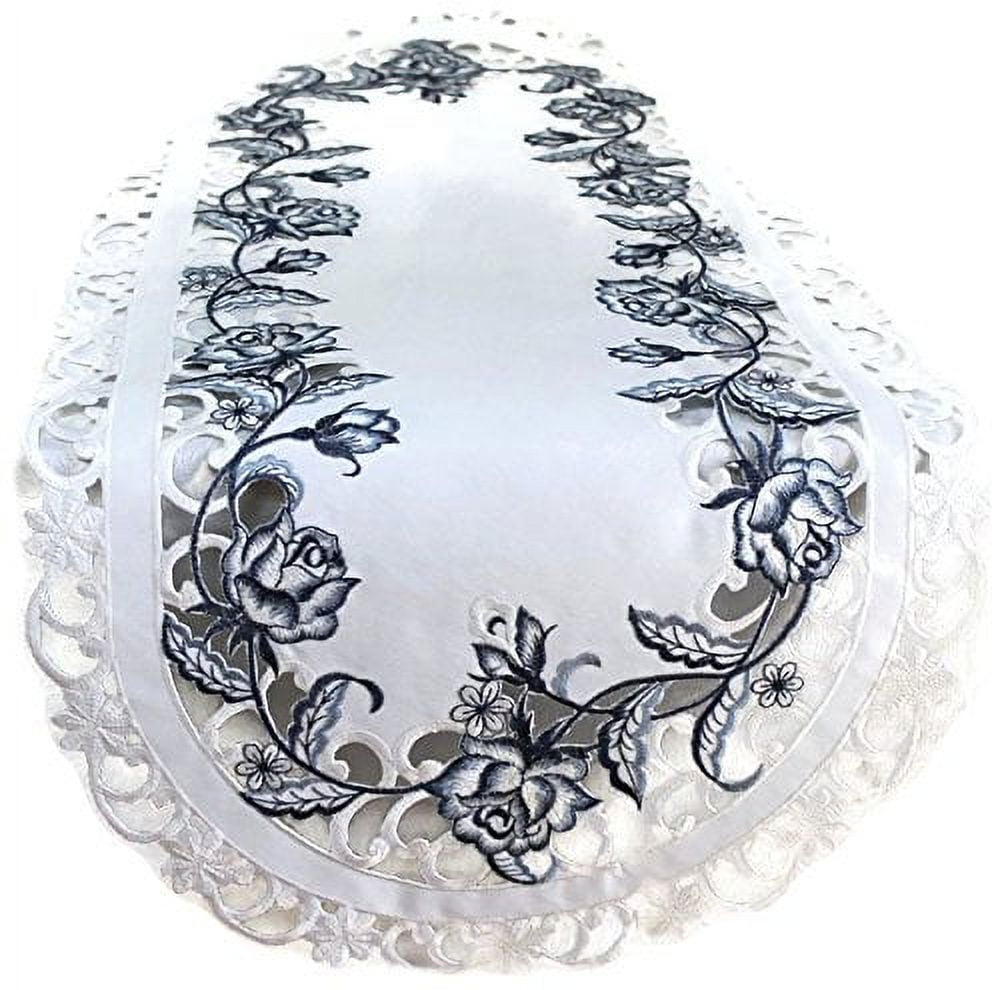 Doily Boutique Table Runner, Blue Roses Embroidered, White Fabric, 44 x ...