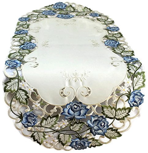 Doily Boutique Table Runner Embroidered with Victorian Blue Roses on ...