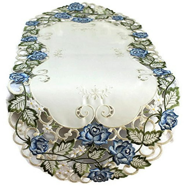 Doily Boutique Table Runner Embroidered with Victorian Blue Roses on ...