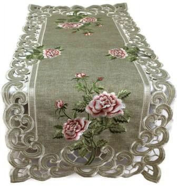 Doily Boutique Table Runner with Pink Roses and Sage Green Burlap Linen ...
