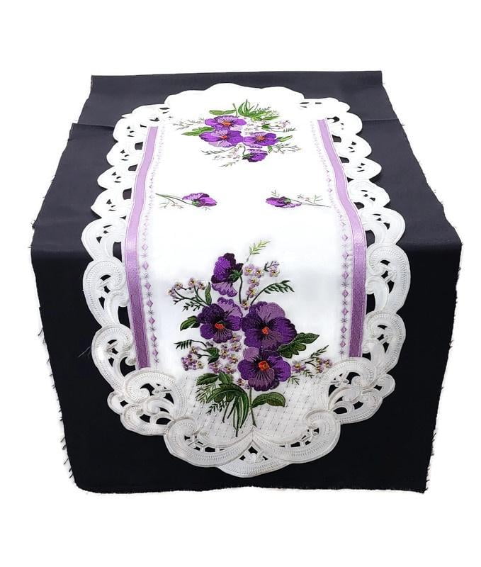 Doily Boutique Table Runner with Purple Pansy Flowers on Bleached Whte ...
