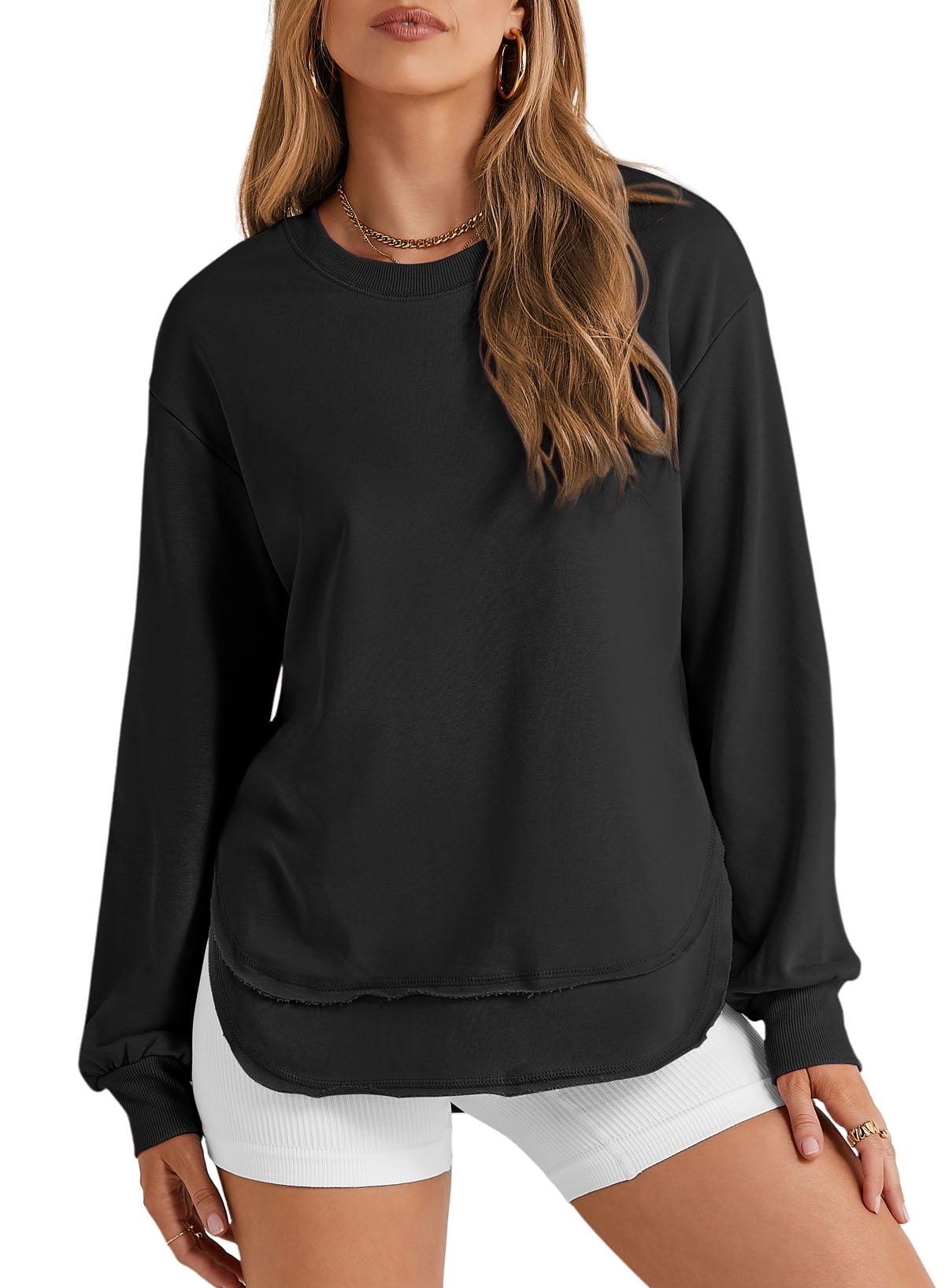 Dokotoo Crewneck Sweatshirts for Women Loose Long Sleeve Side Split Hem ...
